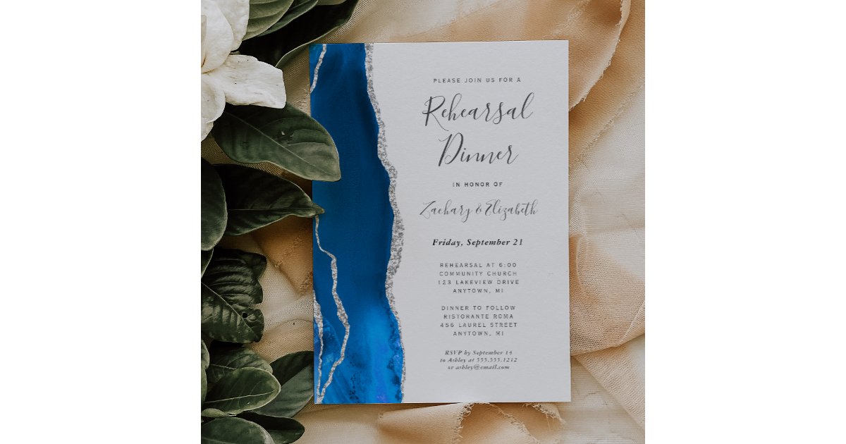 Royal Blue Silver Agate Wedding Rehearsal Dinner Invitation | Zazzle