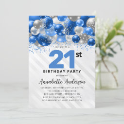Royal Blue Silver Balloon Glitter 21st Birthday Invitation | Zazzle