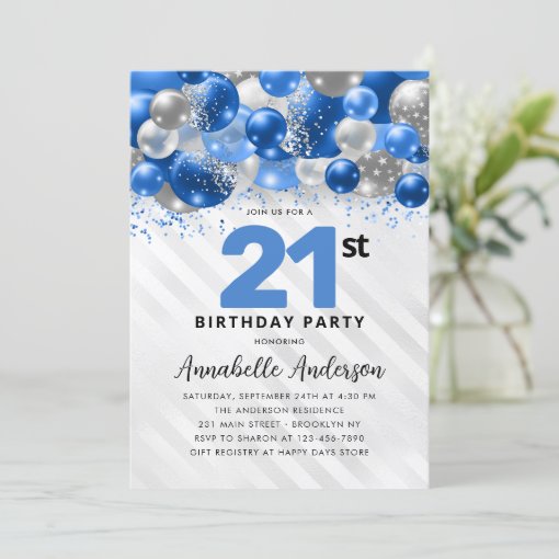 Royal Blue Silver Balloon Glitter 21st Birthday Invitation | Zazzle