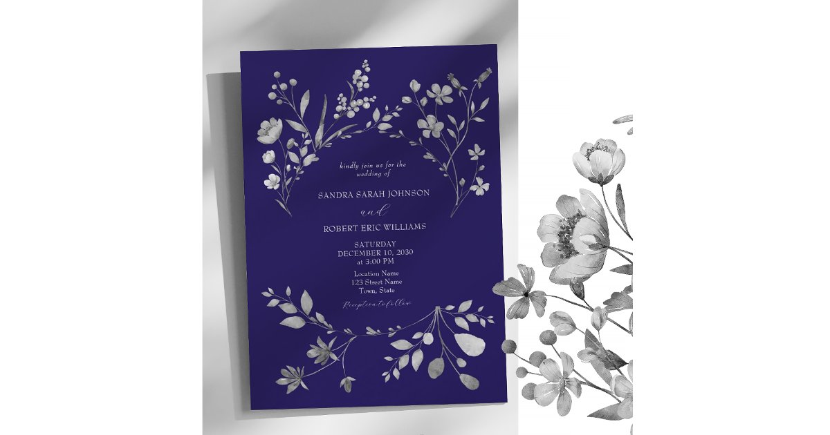 Royal Blue Silver Floral Wedding Invite | Zazzle
