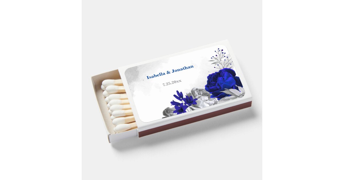 royal blue silver floral wedding matchboxes | Zazzle