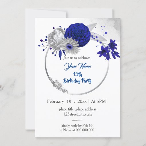 royal blue silver floral wreath birthday invitation | Zazzle