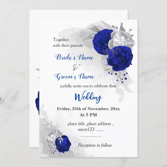 royal blue & silver flowers botanical wedding invitation | Zazzle