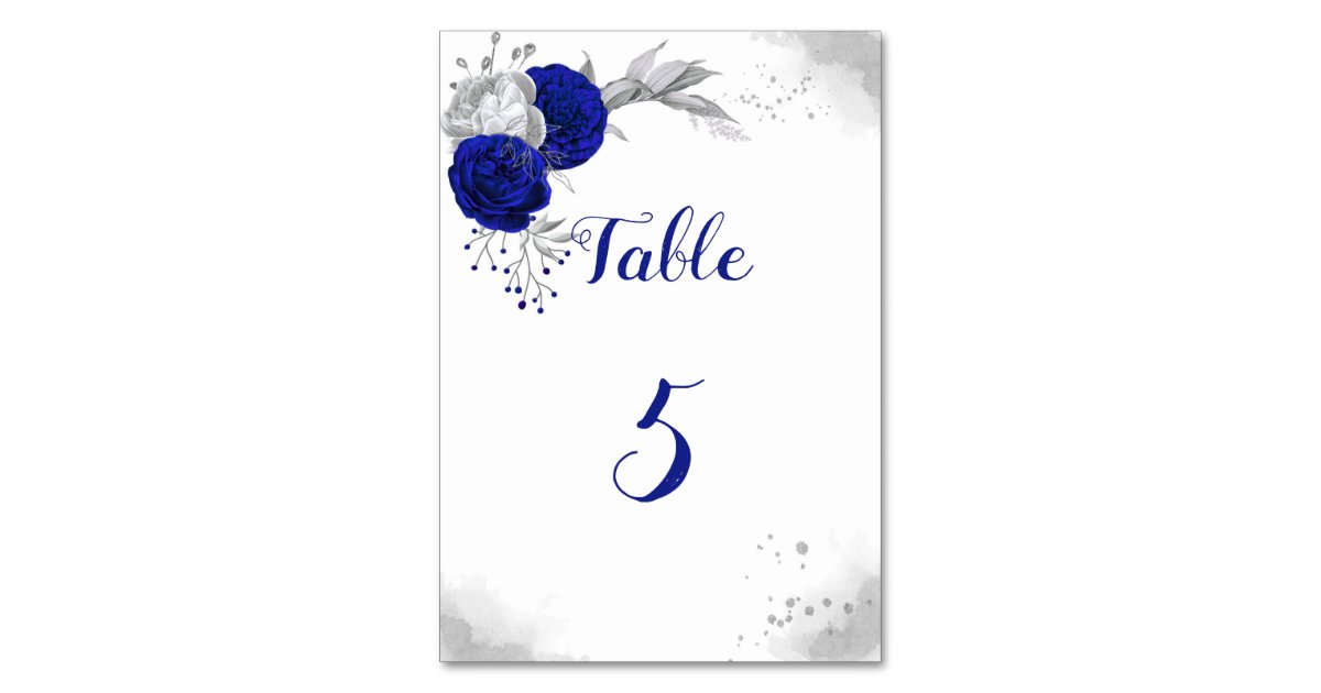 royal blue & silver flowers table number | Zazzle