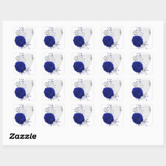 royal blue & silver flowers white square sticker | Zazzle