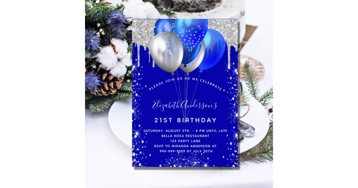 Royal blue silver glitter drips balloons birthday invitation | Zazzle