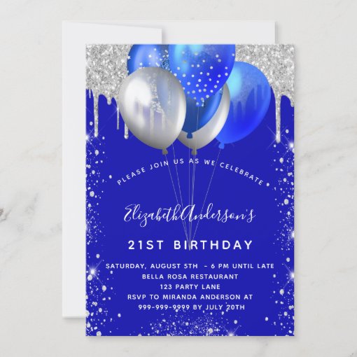 Royal blue silver glitter drips balloons birthday invitation | Zazzle