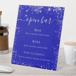 Royal blue silver glitter wedding bar menu pedestal sign | Zazzle
