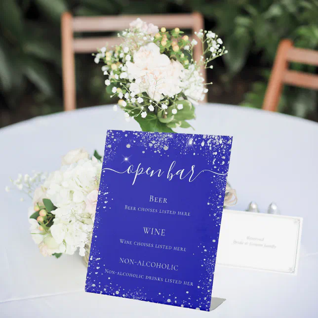 Royal blue silver glitter wedding bar menu pedestal sign | Zazzle