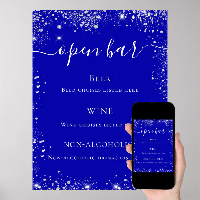 Royal blue silver glitter wedding bar menu poster | Zazzle