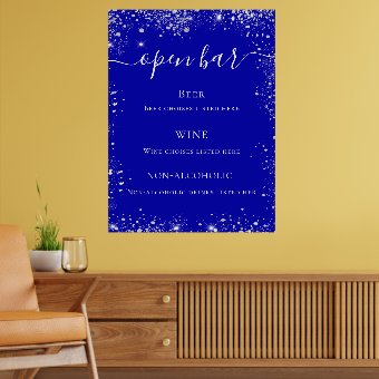 Royal blue silver glitter wedding bar menu poster | Zazzle