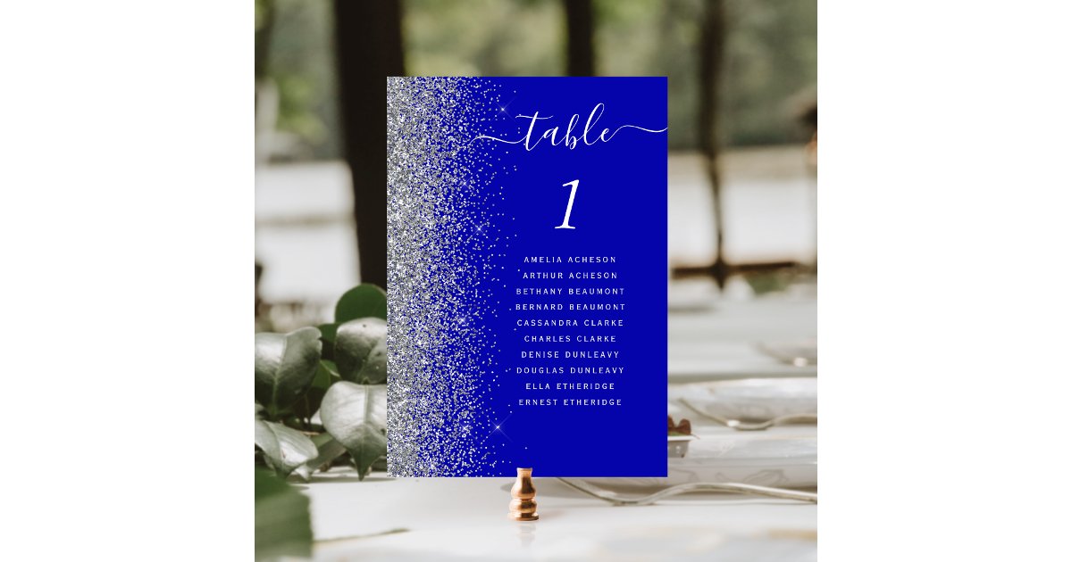 Royal Blue Silver Glitter Wedding Table Number | Zazzle