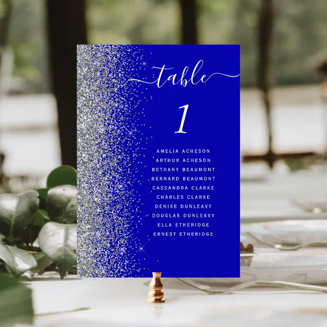 Royal Blue Silver Glitter Wedding Table Number | Zazzle