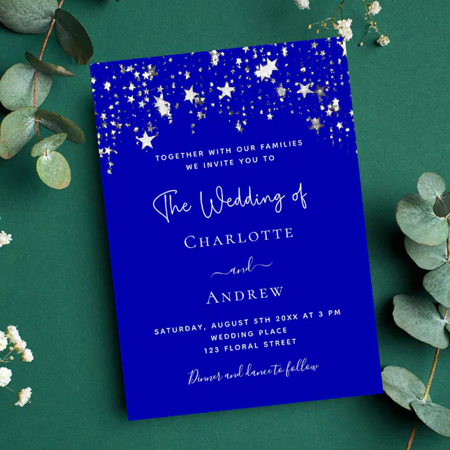 Royal blue silver stars script luxury wedding invitation | Zazzle
