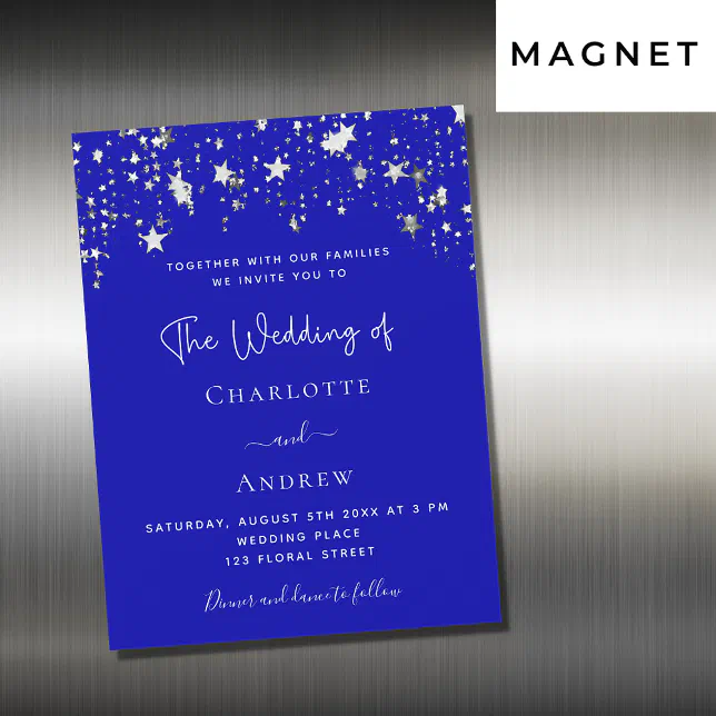 Royal blue silver stars script luxury wedding magnetic invitation | Zazzle