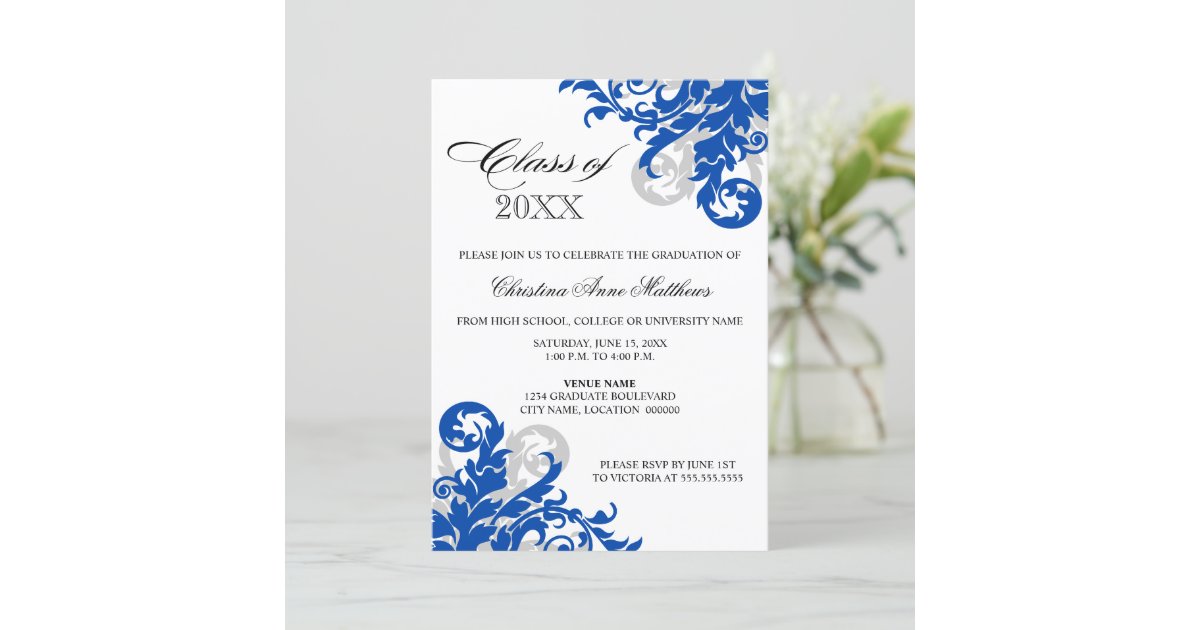 Royal Blue Silver Swirl Graduation Announcement | Zazzle