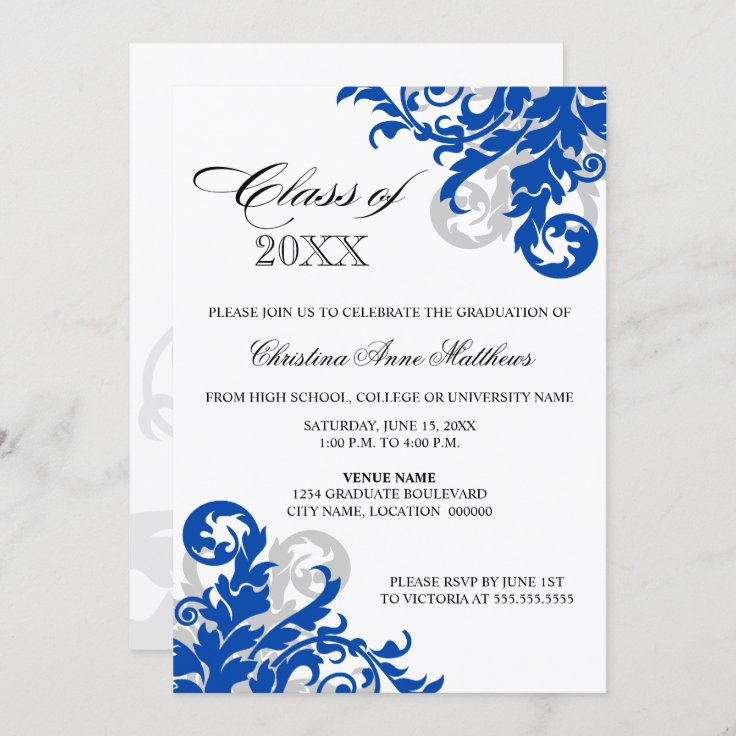 Royal Blue Silver Swirl Graduation Announcement | Zazzle