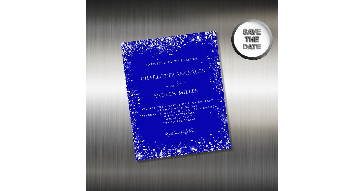 Royal blue silver wedding invitation magnet | Zazzle