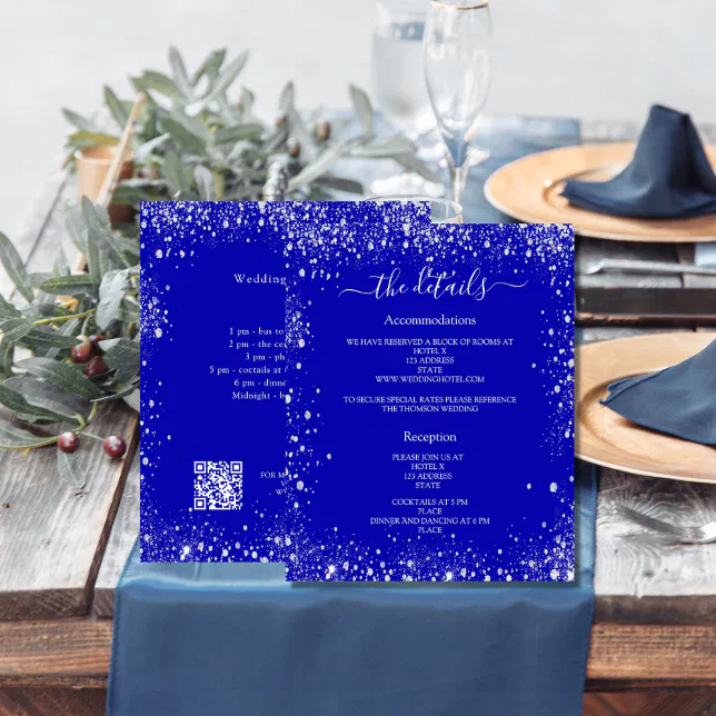 Royal blue silver wedding program details QR | Zazzle