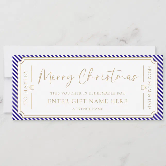 Royal Blue Stripe Christmas Gift Voucher Card | Zazzle