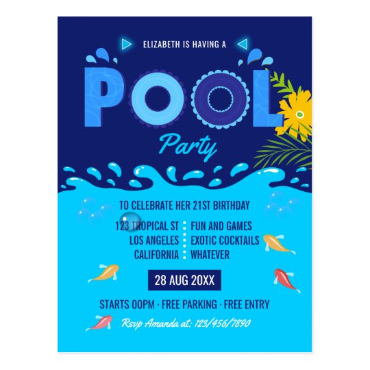 Royal Blue Summer Pool Birthday Party Postcard | Zazzle.com