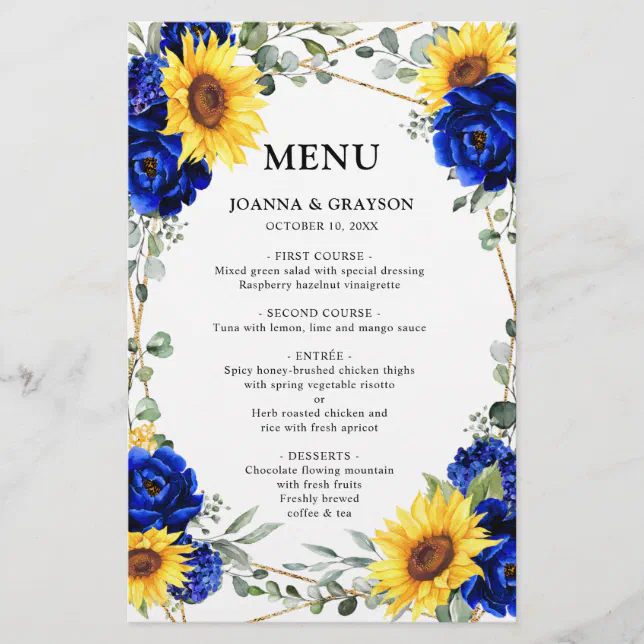 Royal Blue Sunflower Geometric Wedding Menu | Zazzle