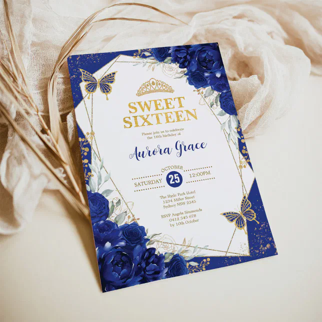 Royal Blue Sweet 16 Butterflies Geometric Party Invitation | Zazzle