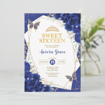 Royal Blue Sweet 16 Butterflies Geometric Party Invitation | Zazzle