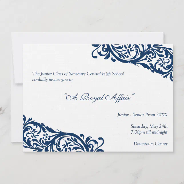 Royal blue traditional junior formals senior prom invitation | Zazzle
