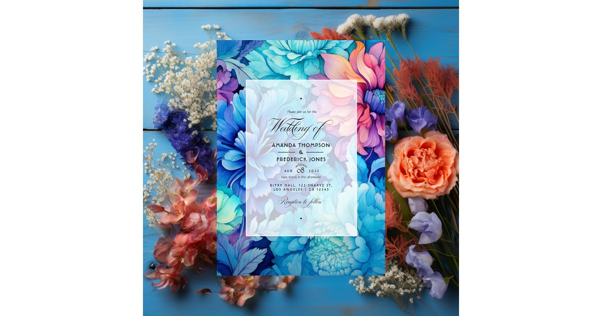 Royal Blue, Turquoise and Coral Floral Wedding Invitation | Zazzle