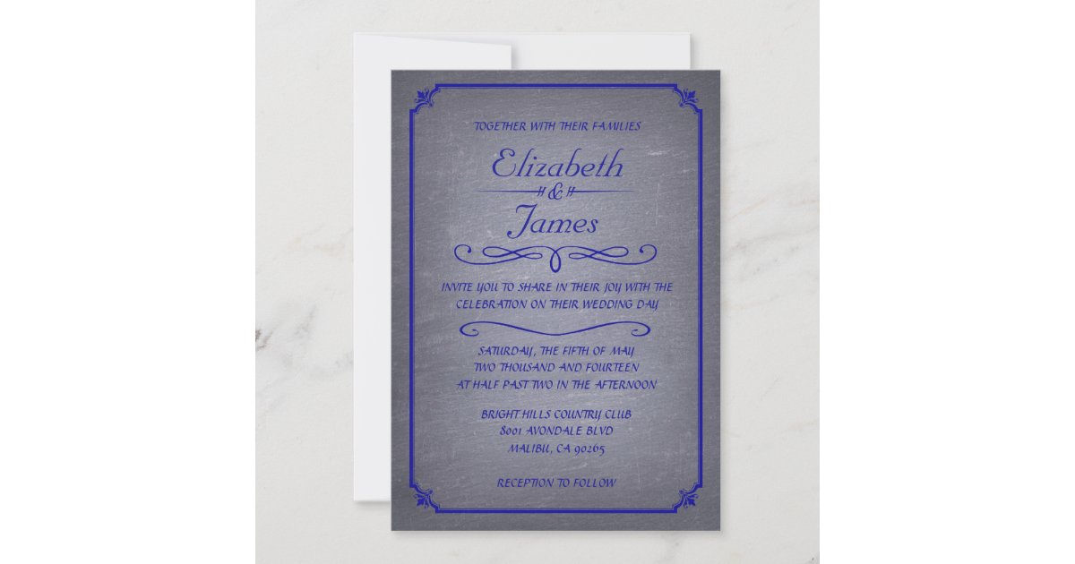 Royal Blue Vintage Chalkboard Wedding Invitations | Zazzle