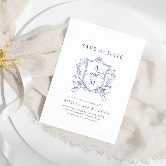 Royal Blue Vintage Crest Save the Date Invitation | Zazzle