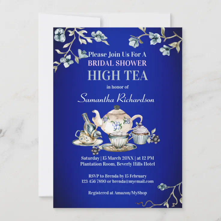 Royal blue vintage rustic watercolor high tea invitation | Zazzle
