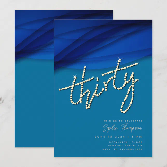 Royal Blue Voile Rhinestones Elegant 30th Birthday Invitation | Zazzle