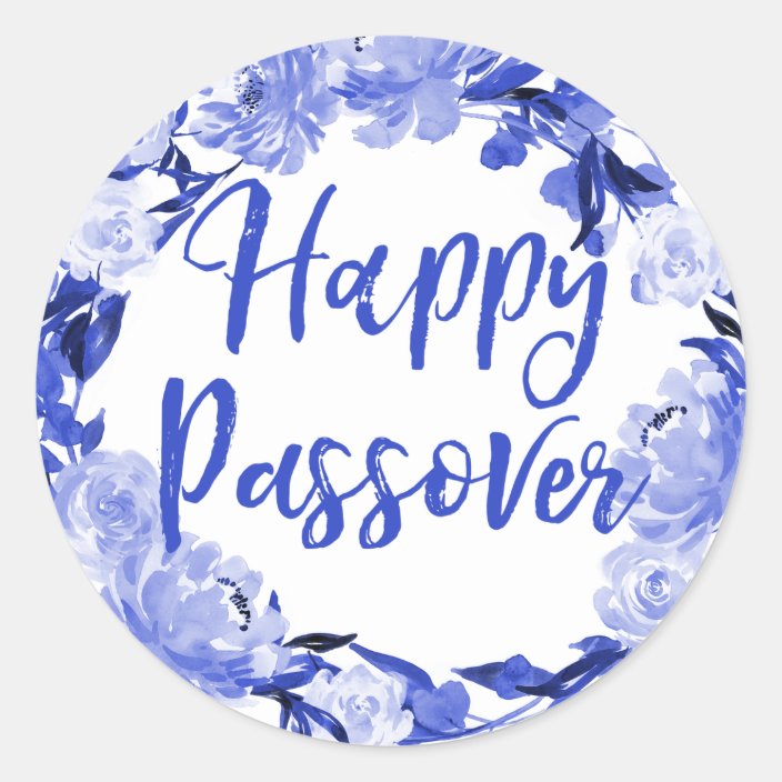 Royal Blue Watercolor Floral Happy Passover Classic Round Sticker ...