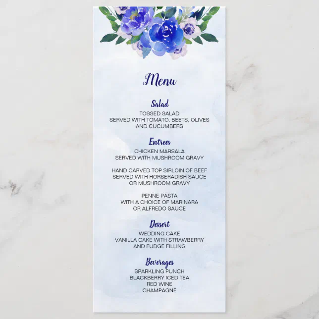 Royal Blue Watercolor Floral Wedding Menu Card | Zazzle