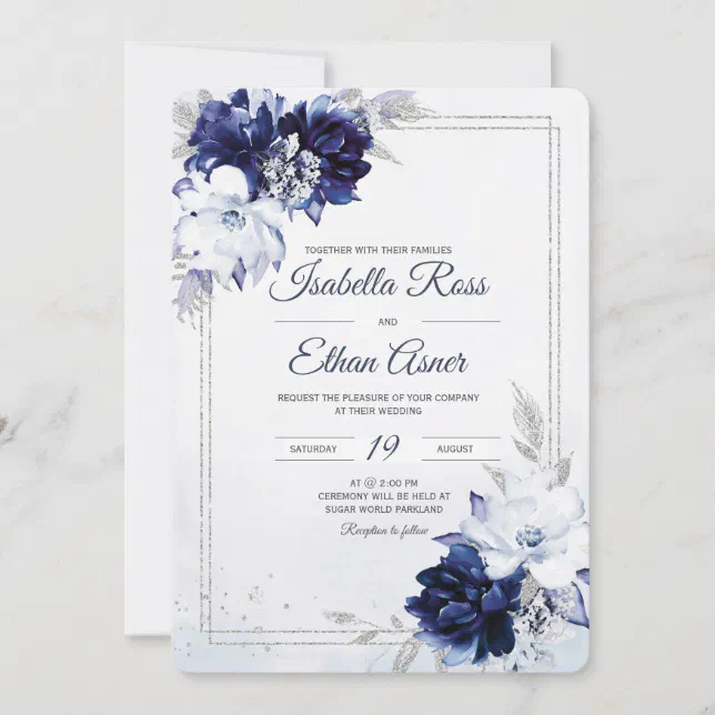 Royal Blue White And Silver Wedding Invitation | Zazzle