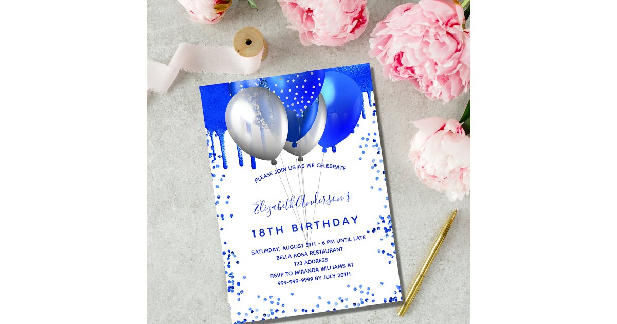 Royal blue white balloons birthday invitation | Zazzle
