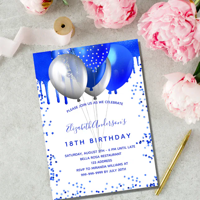 Royal blue white balloons birthday invitation | Zazzle