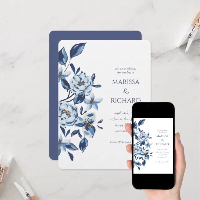 Royal Blue White Floral Botanical Invitation | Zazzle