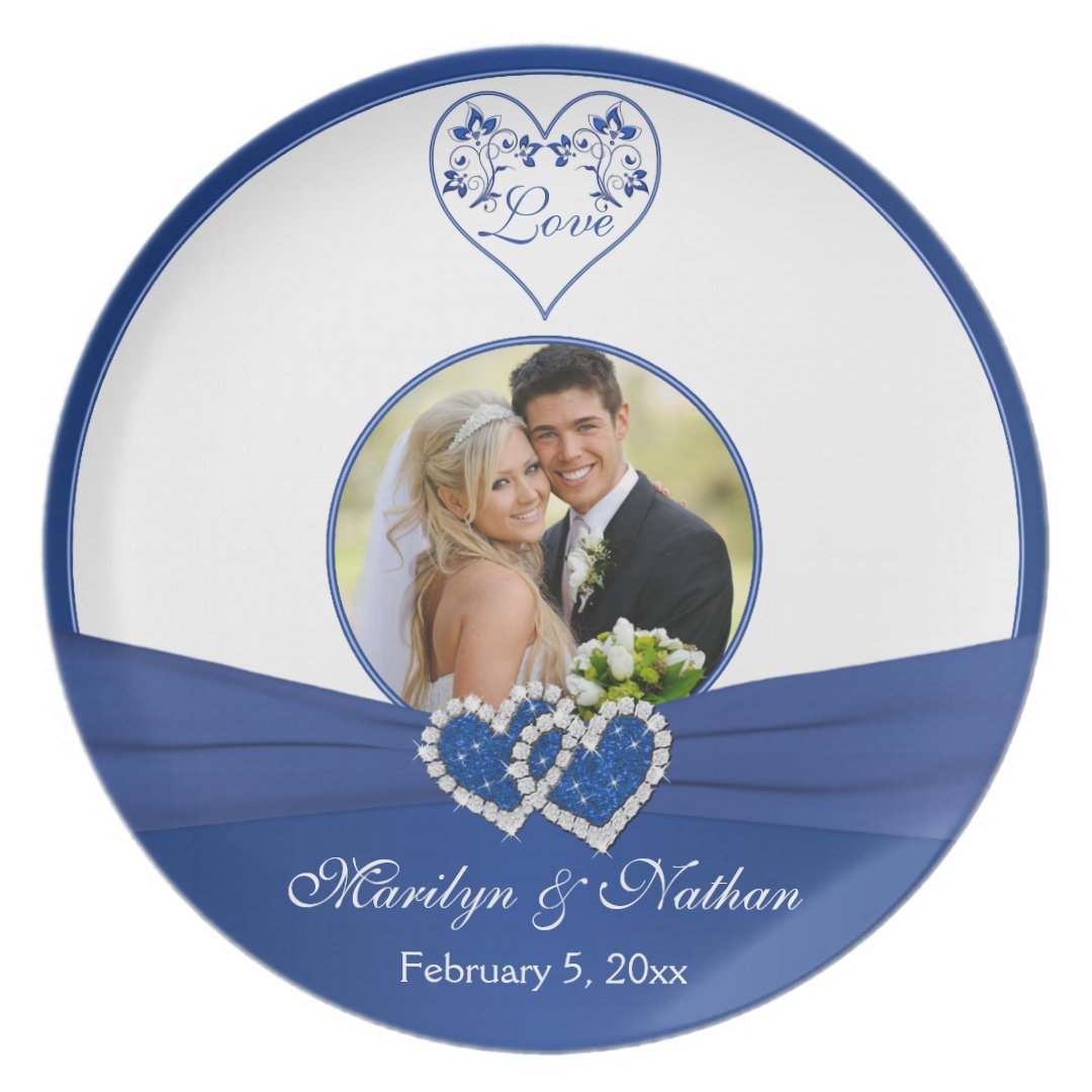 Royal Blue, White Floral Heart Wedding Plate | Zazzle