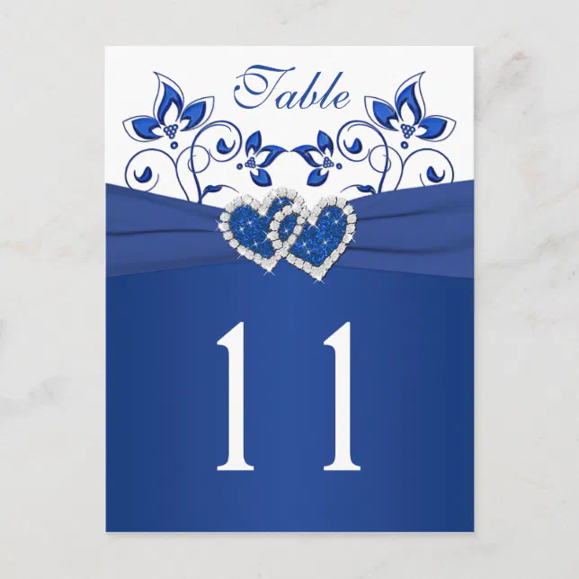 Royal Blue, White Floral Hearts Table Number Card | Zazzle