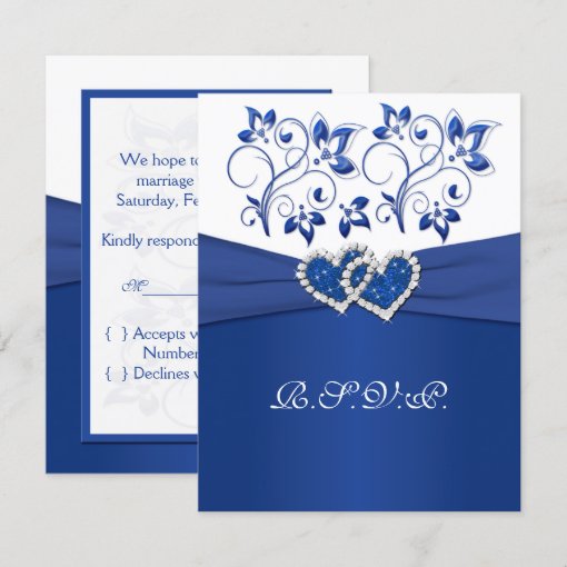 Royal Blue, White Floral Joined Hearts RSVP Card | Zazzle