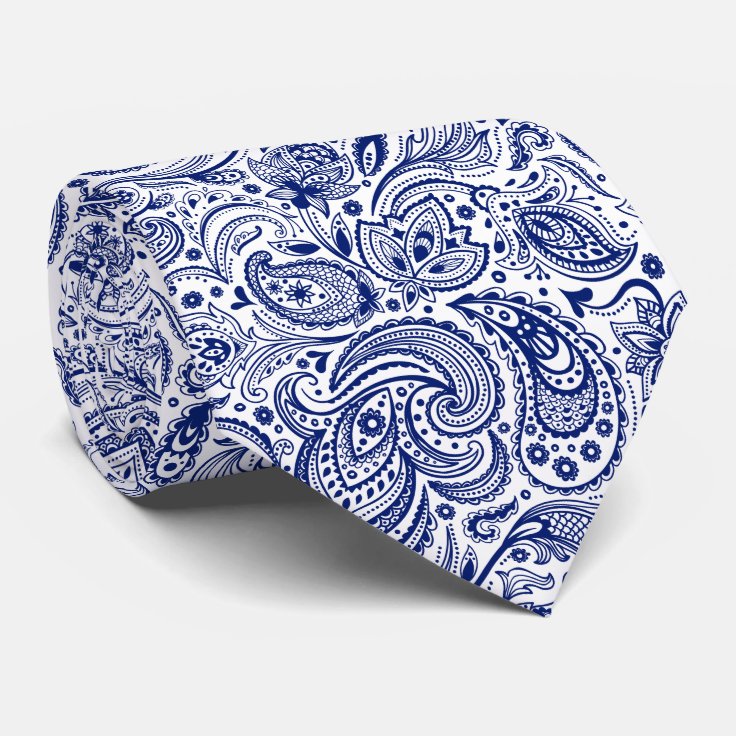 Royal Blue & White Floral Paisley Pattern Tie | Zazzle