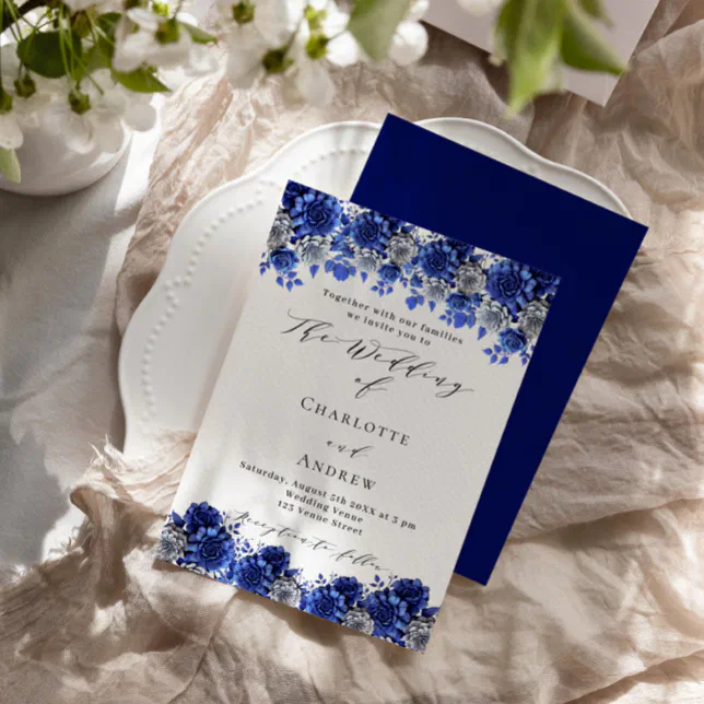Royal blue white florals script wedding invitation | Zazzle