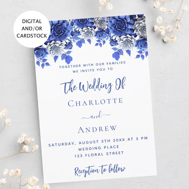 Royal blue white flowers wedding invitation | Zazzle
