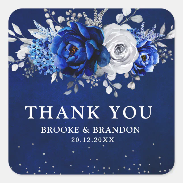 Royal Blue White Metallic Silver Floral Wedding Cl Square Sticker | Zazzle