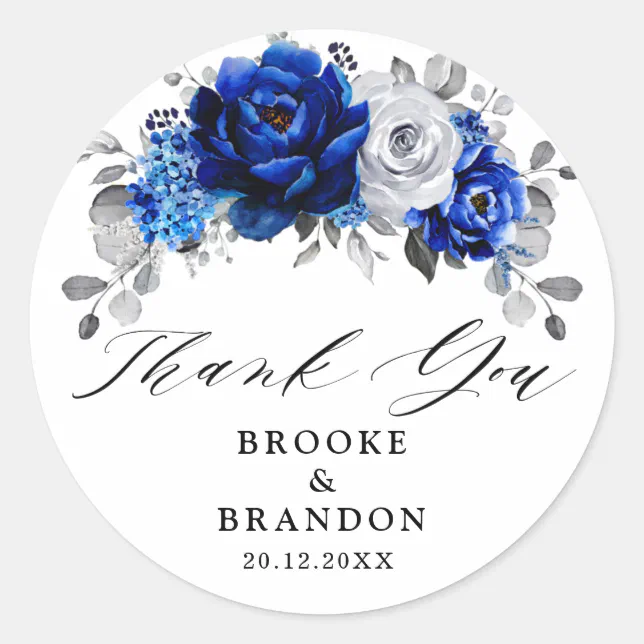 Royal Blue White Metallic Silver Floral Wedding Classic Round Sticker ...
