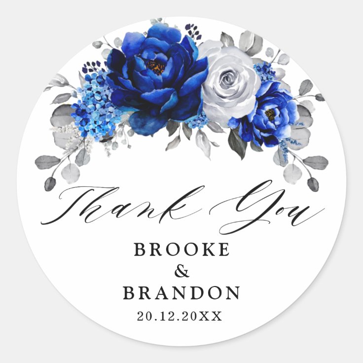 Royal Blue White Metallic Silver Floral Wedding Classic Round Sticker ...