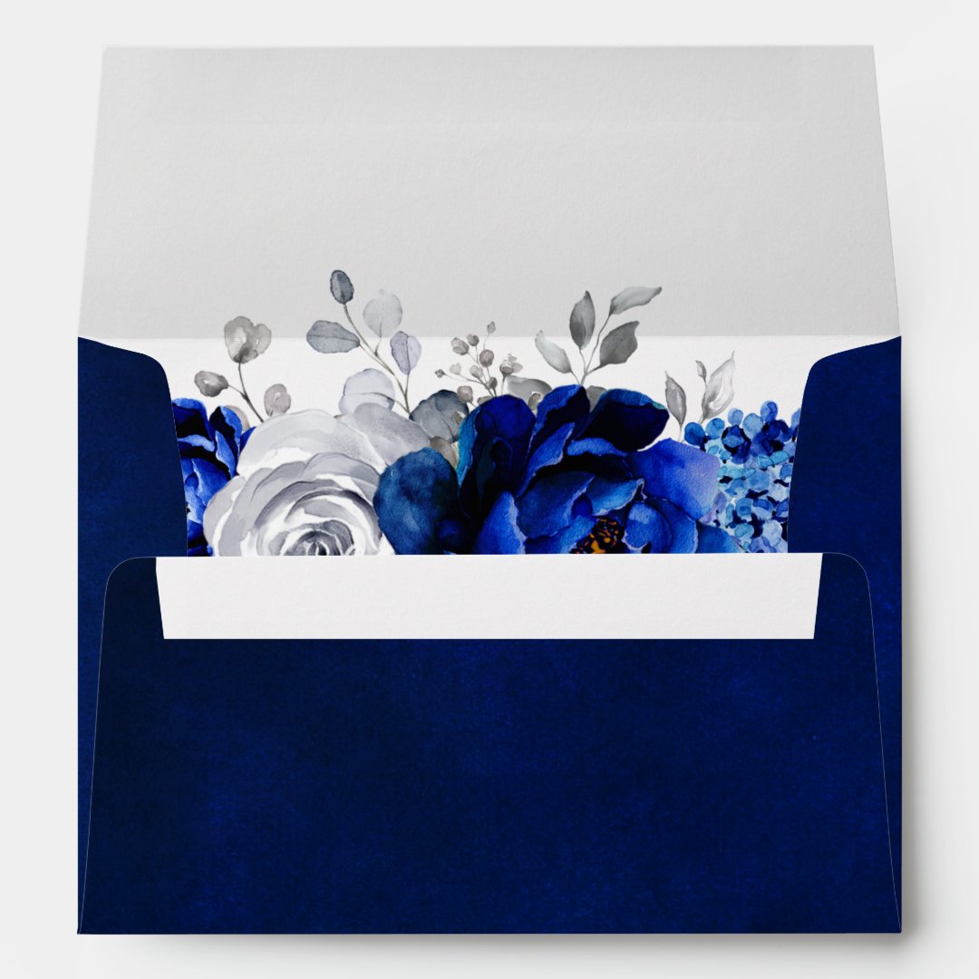 Royal Blue White Metallic Silver Floral Wedding Envelope | Zazzle